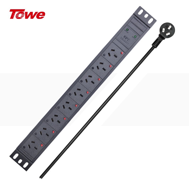 TOWE同为国标防脱扣PDU插排 输出10A16A国标三孔高可靠性pdu 防脱扣国标PDU 1位国标三孔16A+7位国标三孔10A SPD防雷，EN16/G802S-L - 同为(Towe)官方商城