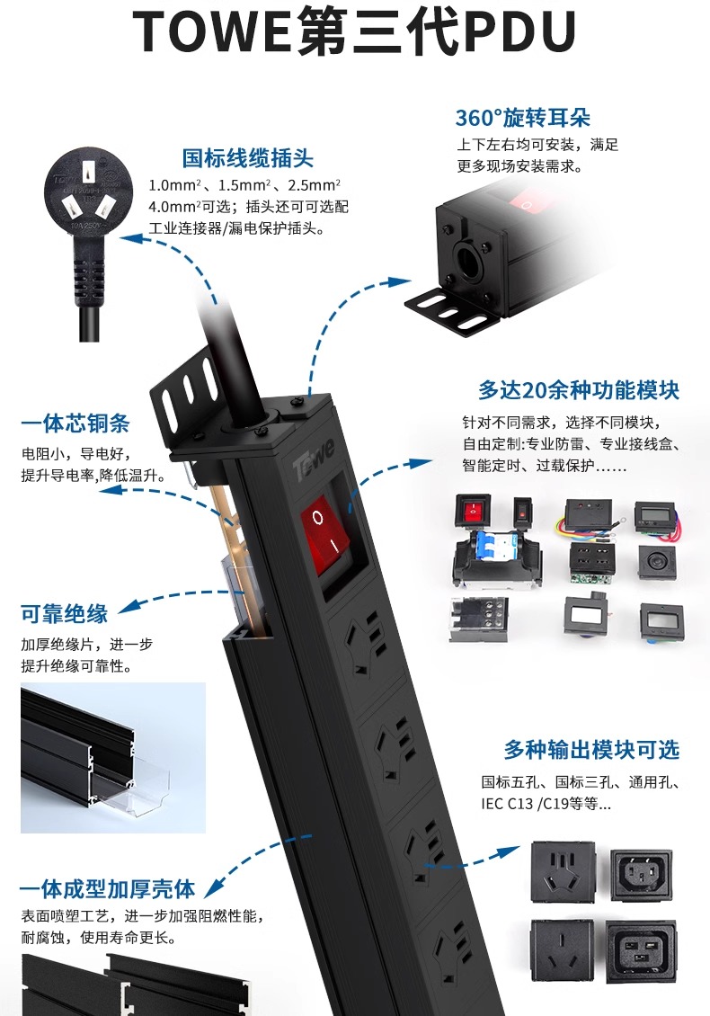 TOWE同为63A超大功率自接线PDU机柜插座工程安全pdu插座插排 国标竖装6平加粗线缆 2位国标16A+10位国标三孔10A，EN32/G1206 - 同为(Towe)官方商城